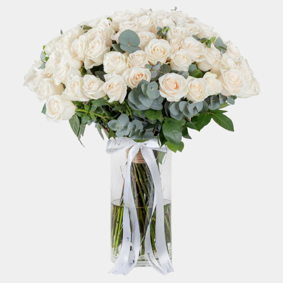 100 Luxury White Roses Vase | FloraKuwait.com