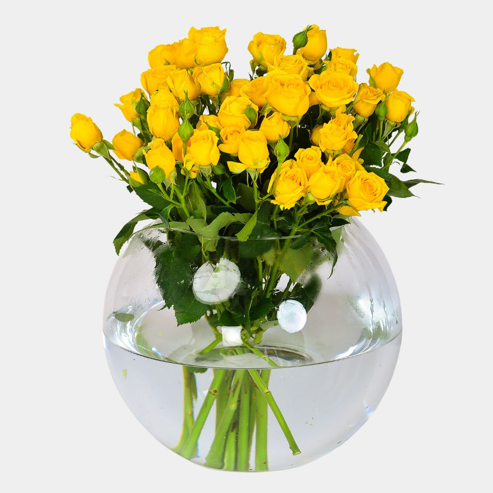 Yellow Baby Roses Round Vase | FloraKuwait.com